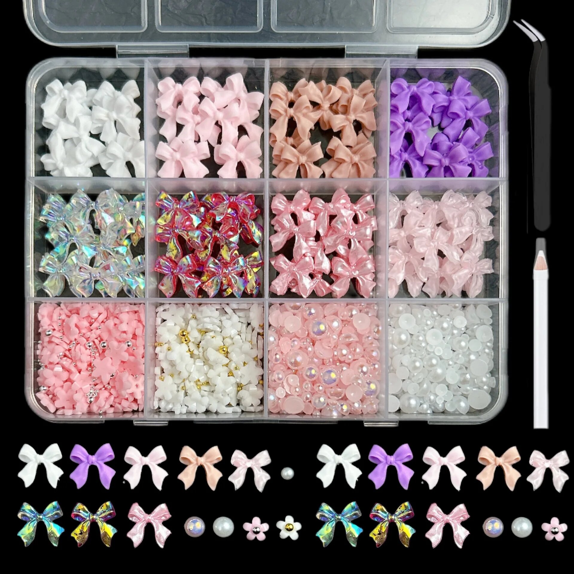 Высокопроизводительные 12 сеток/коробка, смешанные смоляные бантики для ногтей, подвески для ногтей, 3D красочные банты, стразы, украшения для дизайна ногтей, детали для маникюра «сделай сам»