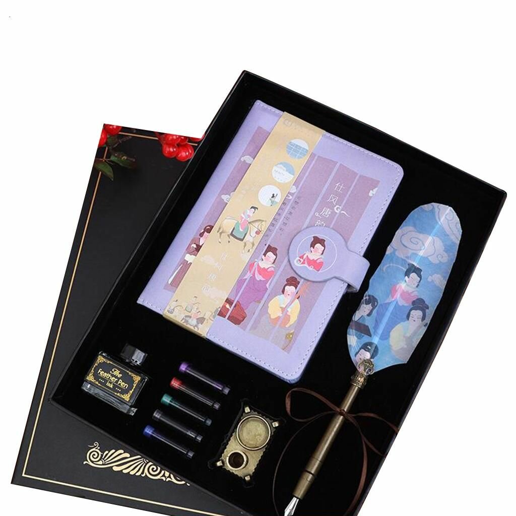 Изысканный ретро -перо набор пера с пером/5 чернильными мешками/племена, Синий фиолетовый