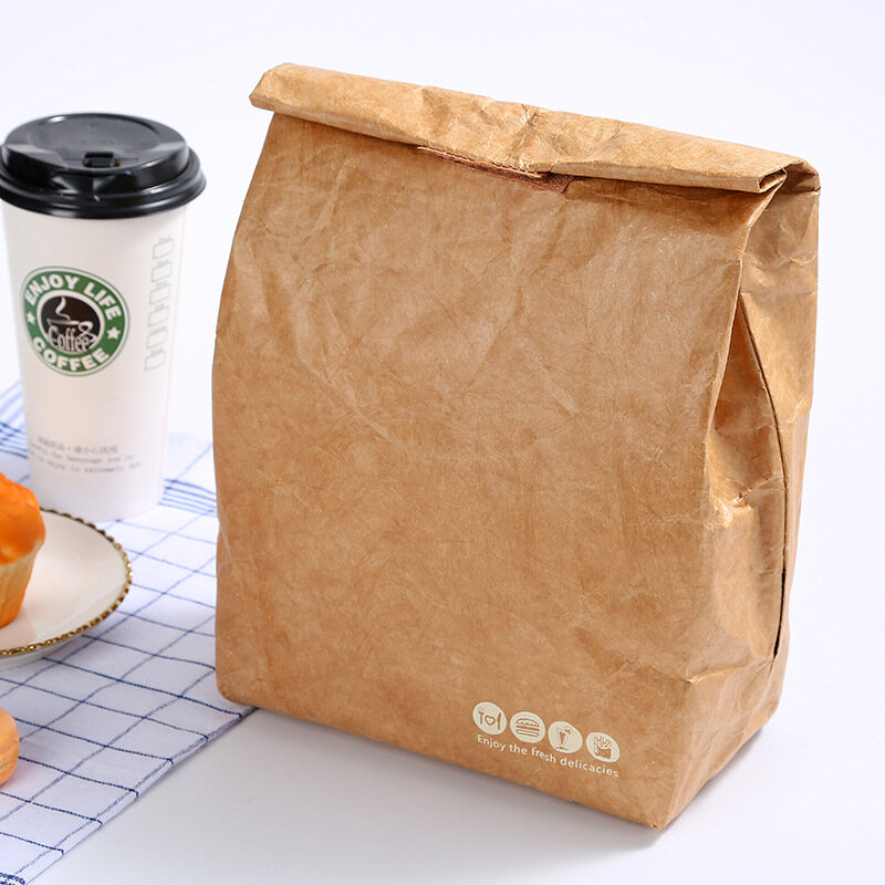 Printable Pattern Logo Kraft Paper Lunch Bag Foldable Paper Aluminum Film Outdoor Picnic Insulated Ice Lunch Box Bag Portable long style 31*10*30