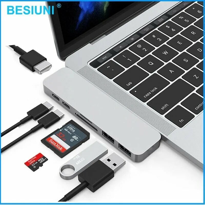Док-станция Type-C Hub на HDMI 4K Thunderbolt 3 USB C Адаптер Хаб с TF SD Слотом для MacBook Pro 13 15 16 / Air 13 2020 M1 M2