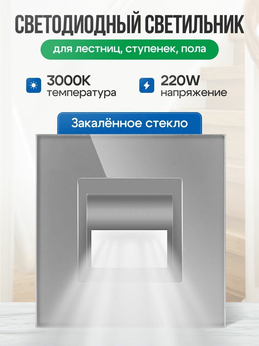 Светодиодный светильник 2800-3000К для лестниц, ступенек, подсветка пола, FUJIHOME TW-LED1W-GY, рамка 86х86мм стекло, цвет серый