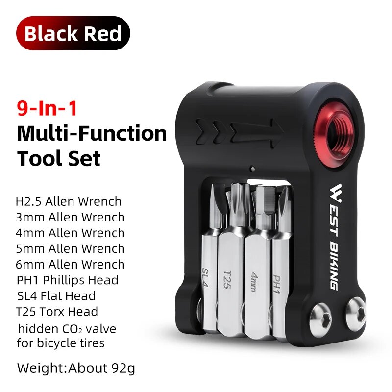 Многофункциональный инструмент West Biking 9-в-1 для ремонта велосипедов Black RED