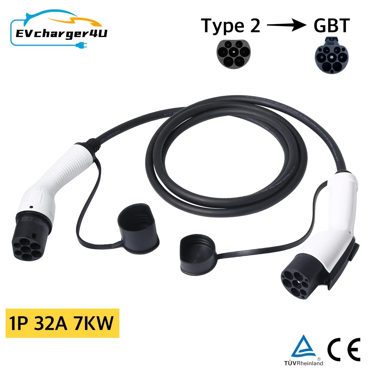 EVcharger4U Тип 2 к GBT Кабель для зарядки EV 1 фаза 32A 7 кВт 4 м для китайского производства GB/T Charing Inlet на общественную станцию переменного тока