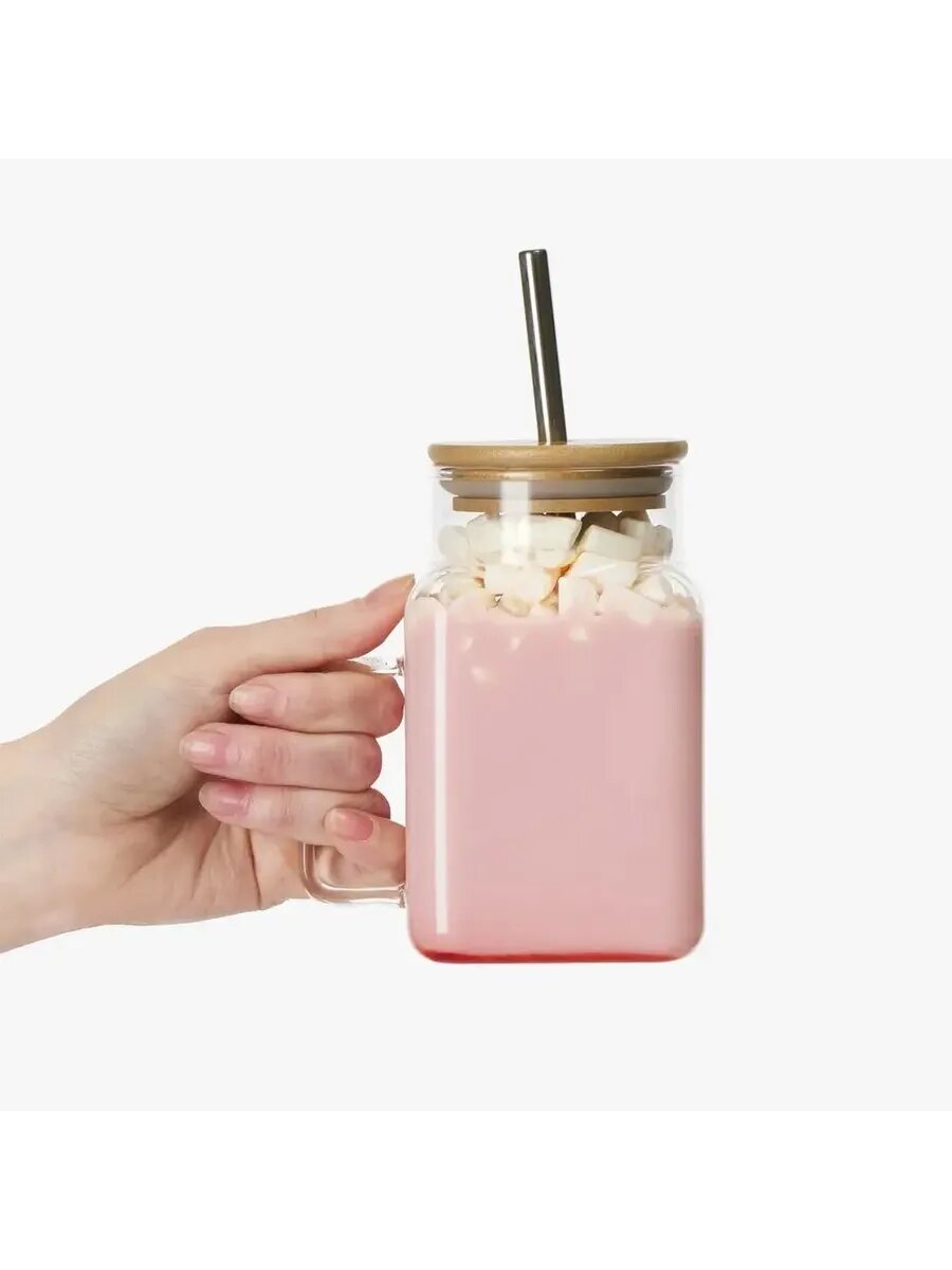 Стеклянная банка для коктейлей с трубочкой