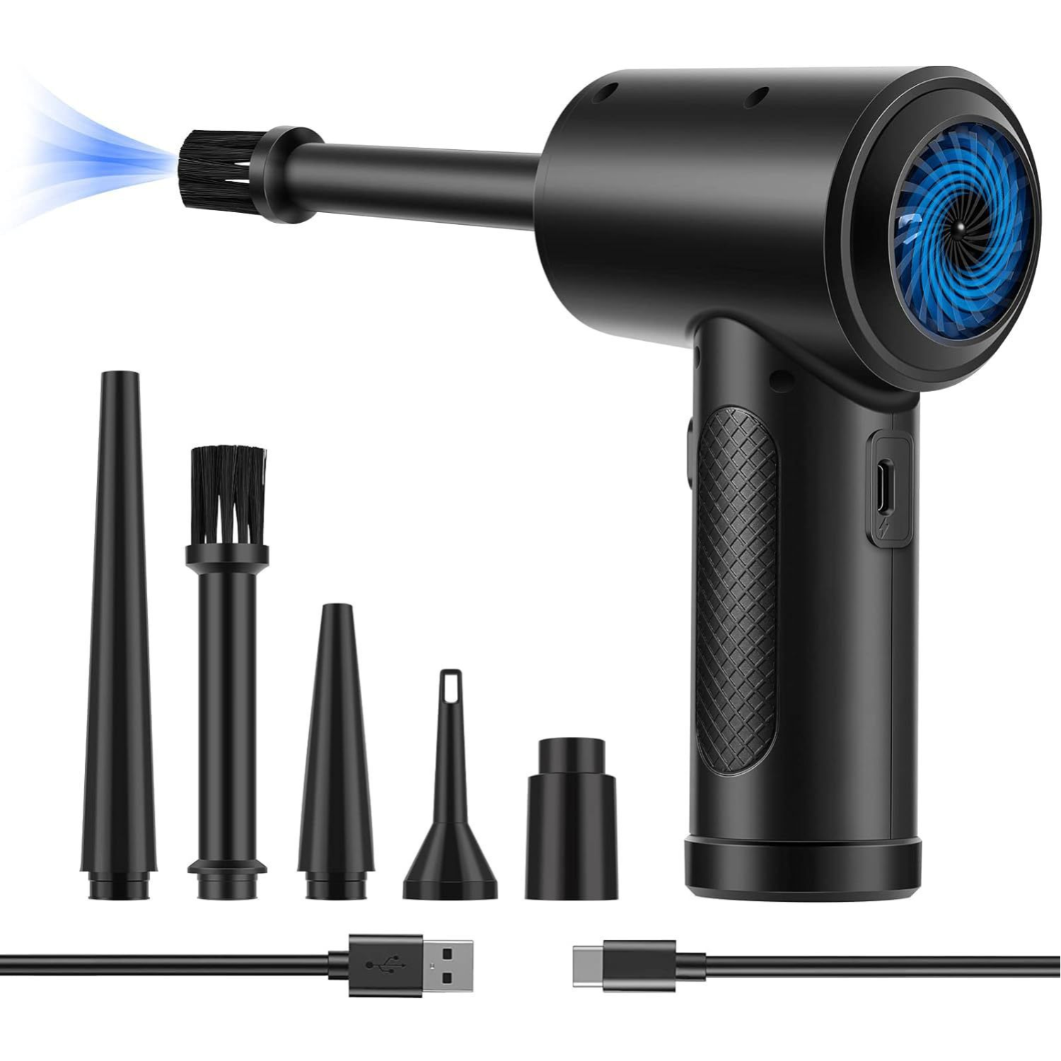 Blower для ПК Electric Duster Camera Blower Портативный Мощный Зарядный Blower Многофункциональные Насадки Малый Air Blower, Черный (настраиваемый при заказе свыше 1000 единиц), ABS PP, Brushless motor, F5 белый свет, 55000 rpm, 3 скорости, 7.0Kpa, 30