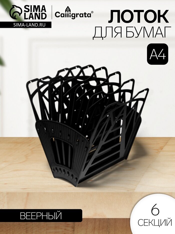 Лоток для бумаг «Стамм: Веер 3», А4, веерный, 6 отделений, чёрный