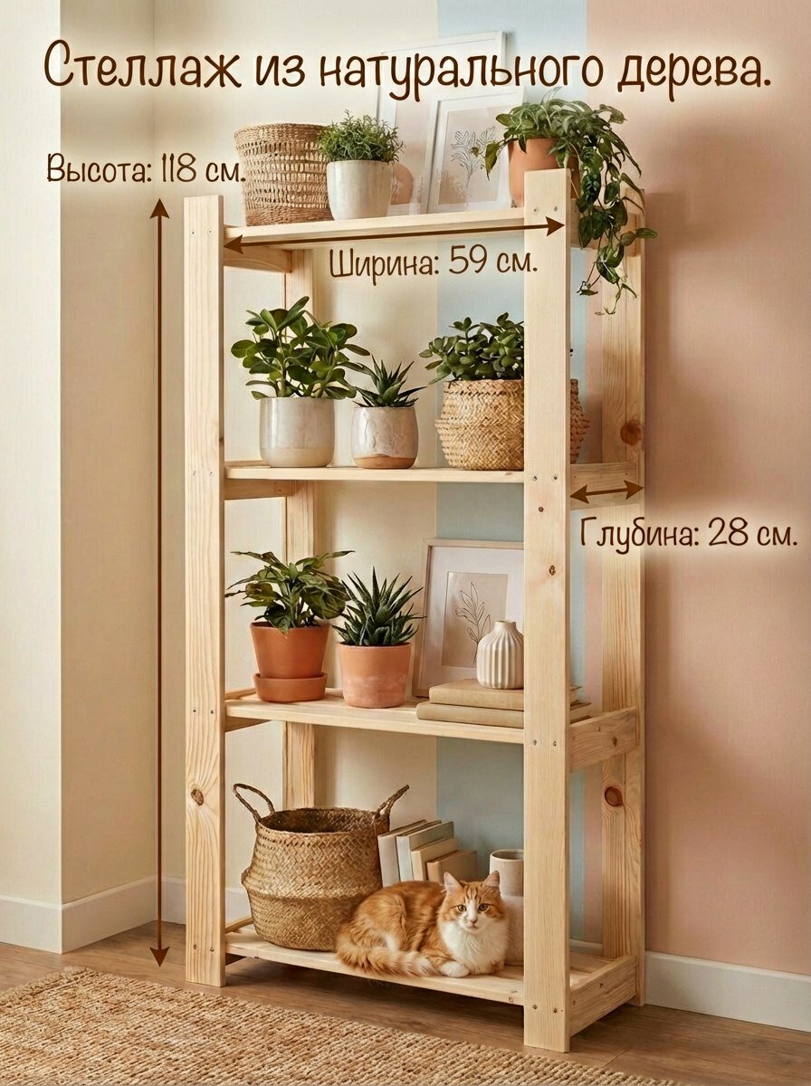 Стеллаж "Елки палки" деревянный, 118х59х28 см, 4 полки, сосна