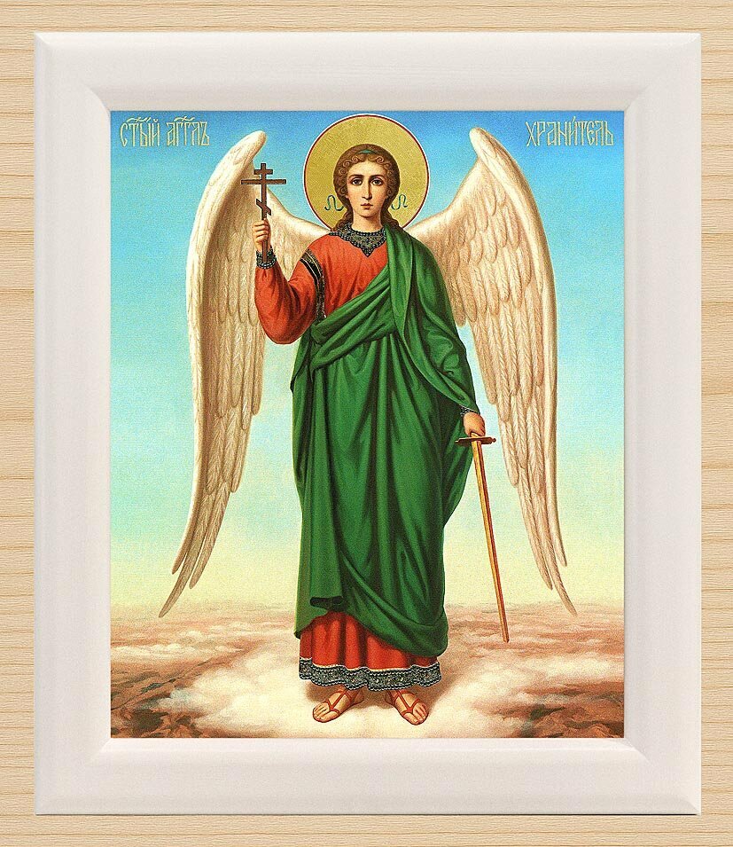 Ангел Хранитель (лик № 072), икона в широкой белой деревянной рамке 21,5*25 см