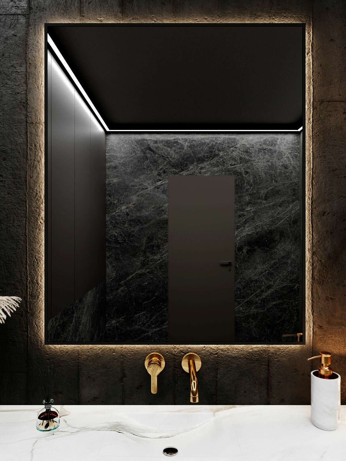 Зеркало в ванную 110х80 см. черное с подсветкой. Свет: Нейтральный белый 4500К В алюминиевой раме настенное MOONRISE