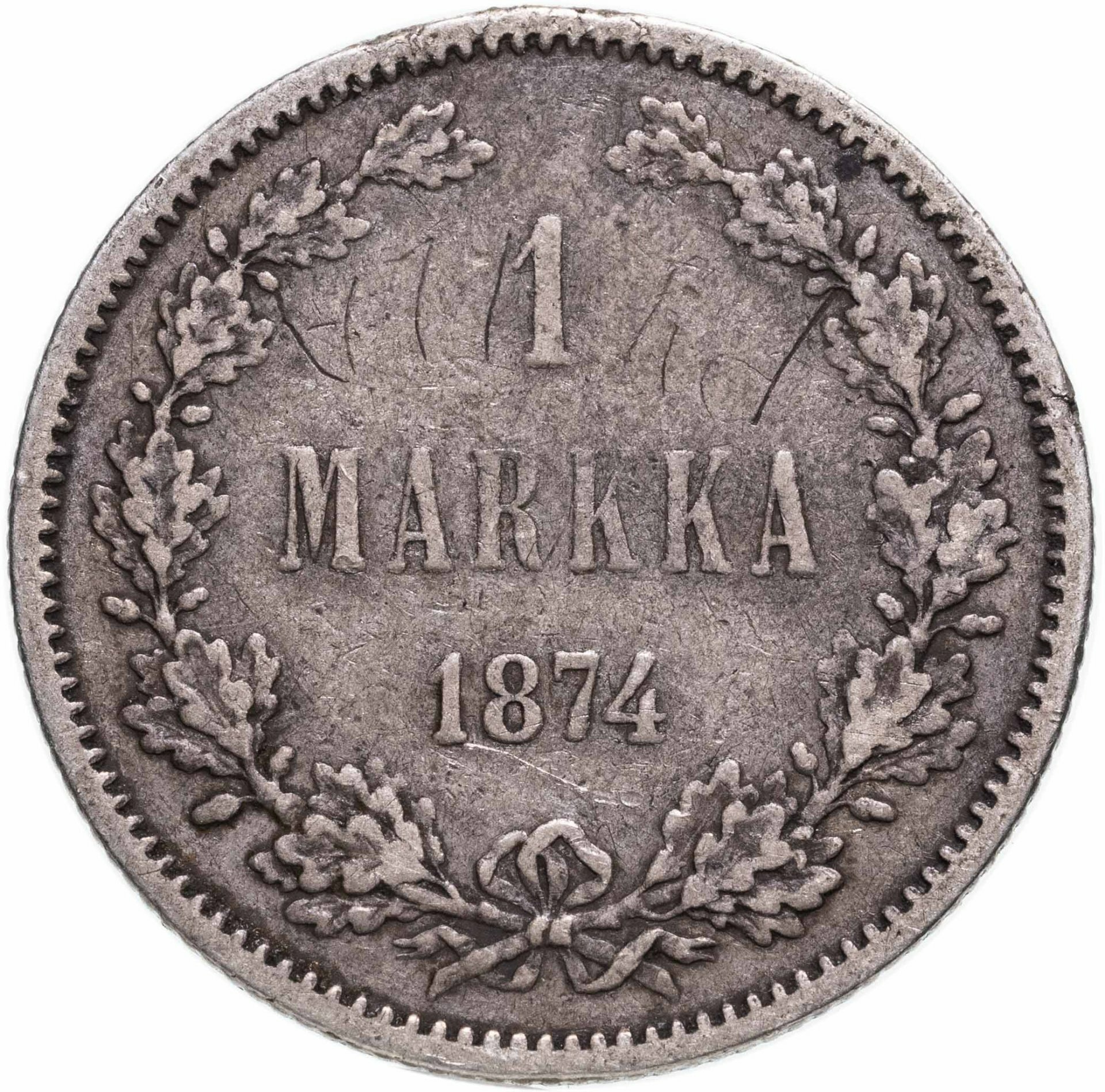 1 марка 1874 S Российская Финляндия, Серебро 868, в сохранности VF