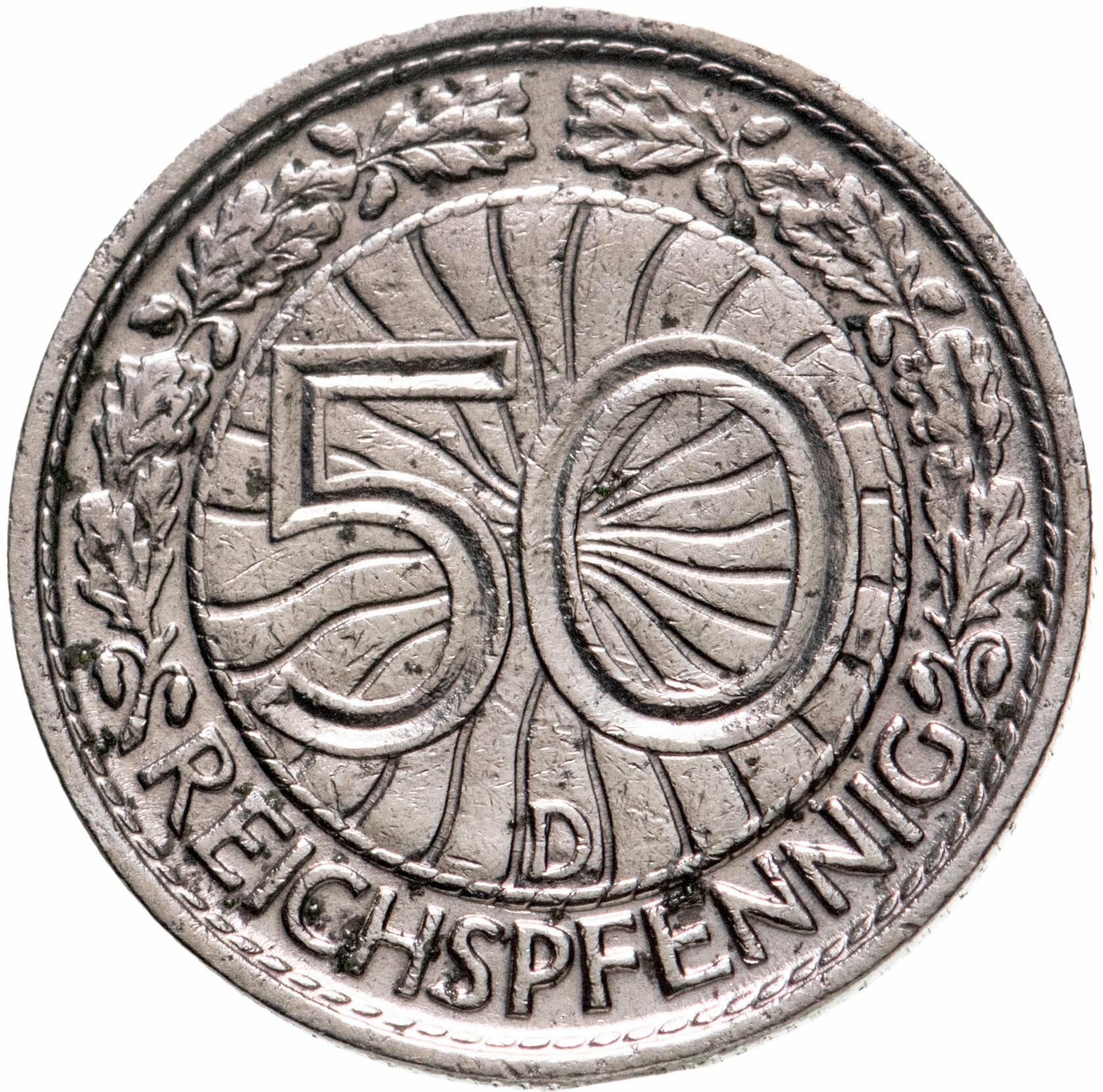 Германия 50 рейхспфеннигов reichspfennig "D" 1928, Никель, в сохранности XF