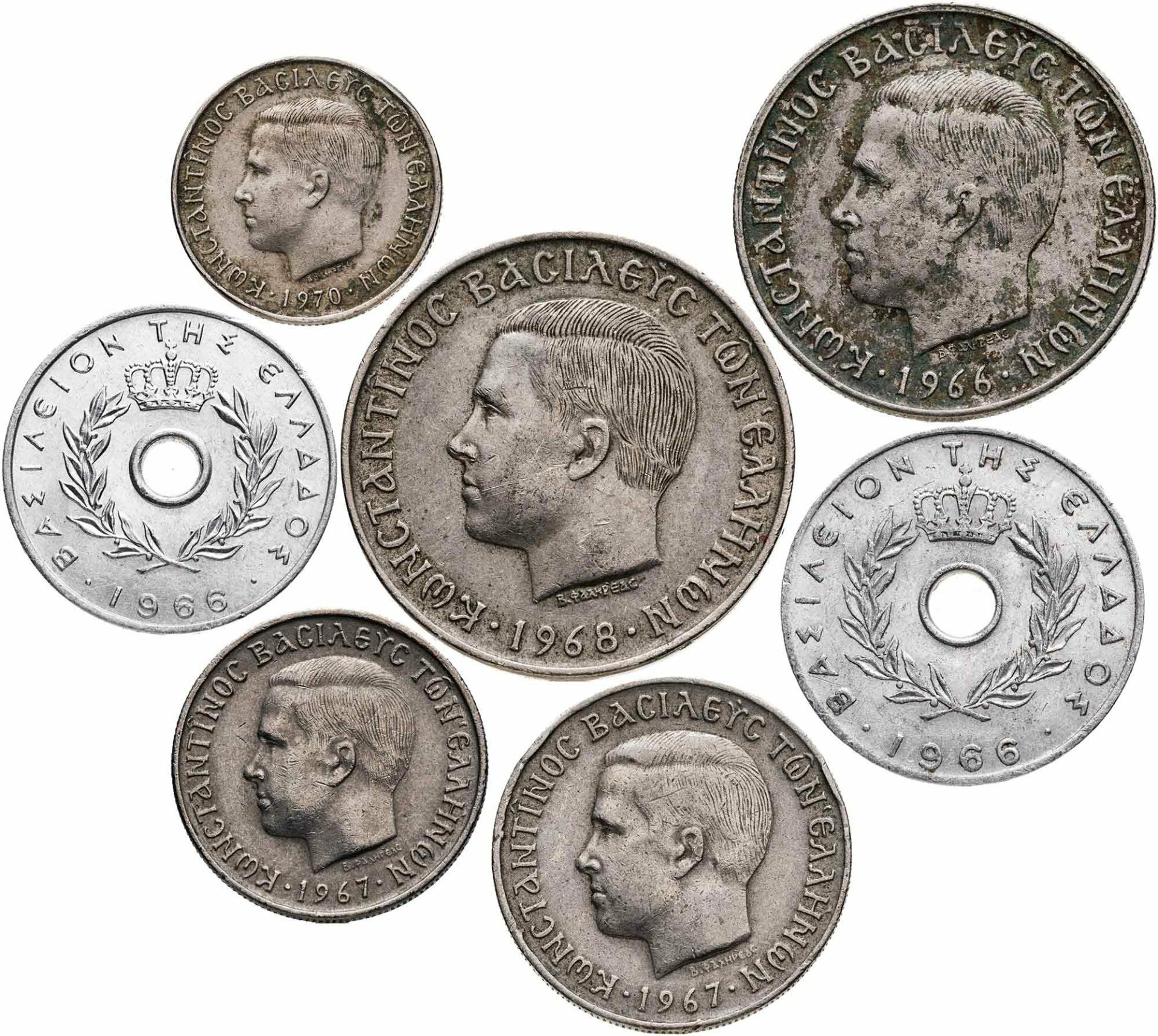 Греция набор из 7 монет 10, 20 и 50 лепт 1, 2 , 5 и 10 драхм 1966 - 1970 год - король Константин II, Алюминий, Мельхиор, в сохранности VF-XF
