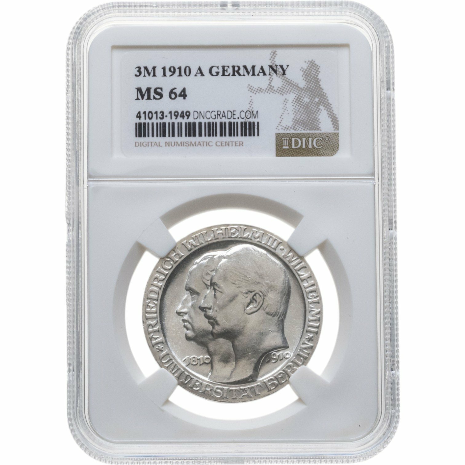 Германская империя 3 марки mark 1910 "Берлинский университет", в слабе DNC MS64, Серебро 900