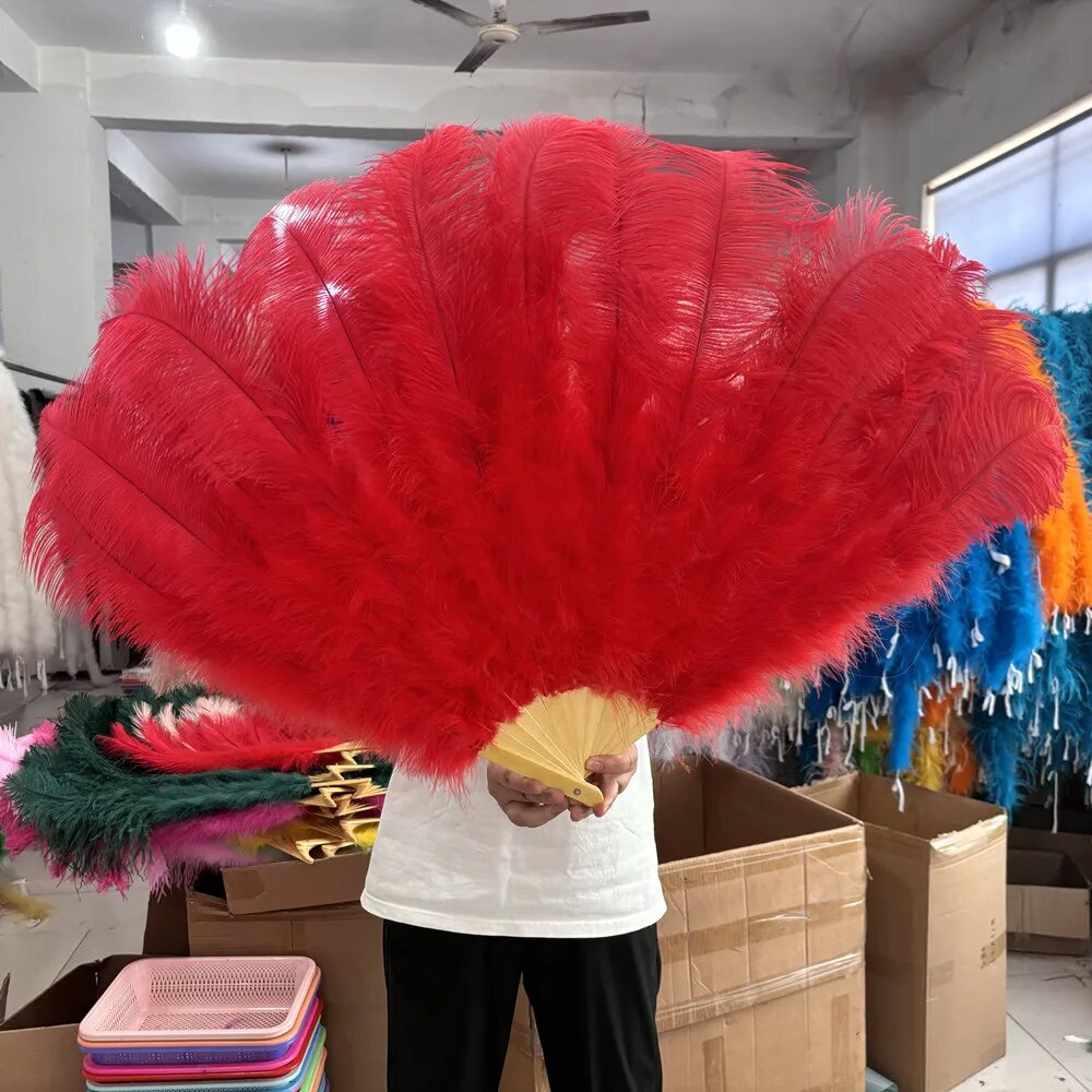 Складной веер из страусиных перьев 60x100 см Красный, Red, 1PCS Right hand
