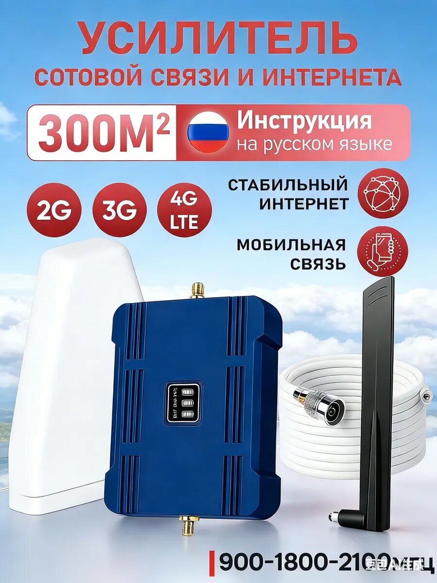 Усилитель сотовой связи 900/1800/2100 МГц (2G/3G/4G): до 70 км, направленный, синий, 1.3 кг