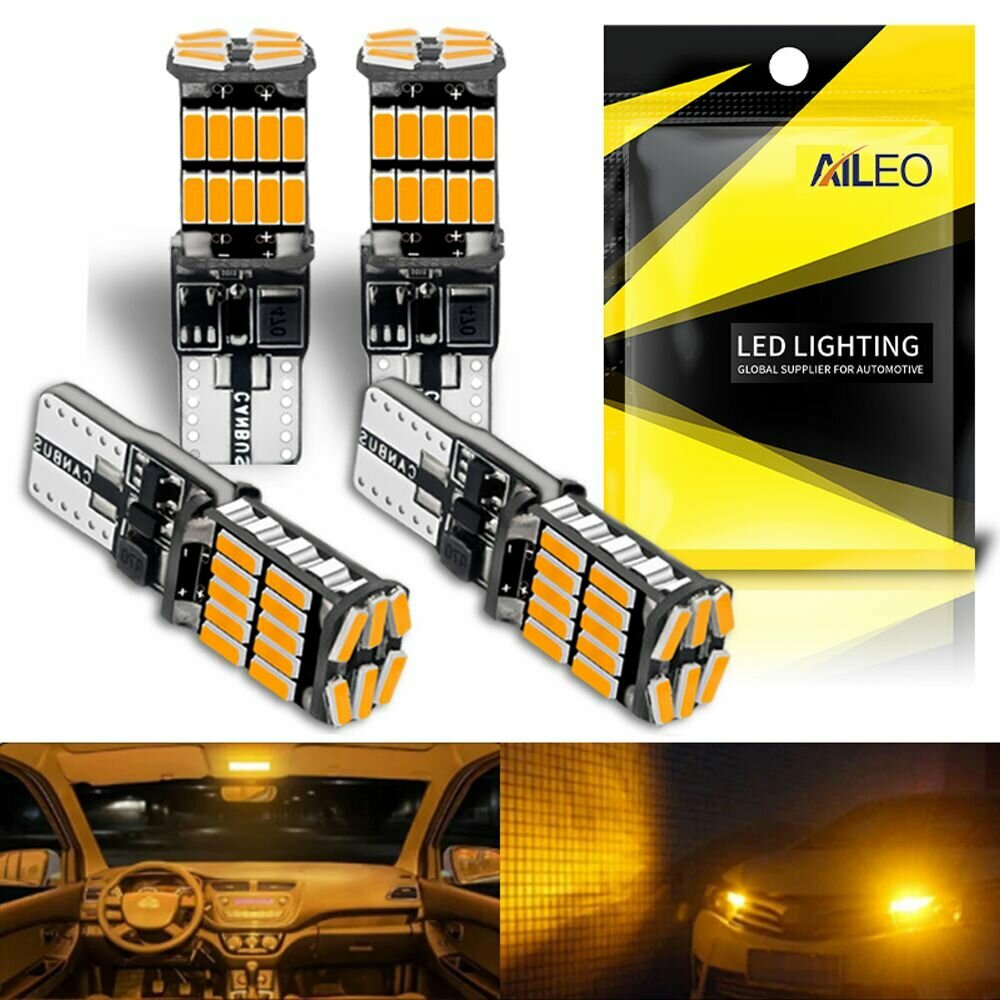 AILEO Лампа автомобильная T10/W5W, 4 шт. арт. AILEO лампа w5w светодиодная T10 3000K Желтый свет Никаких помех Сигнальные фары 12В 4шт