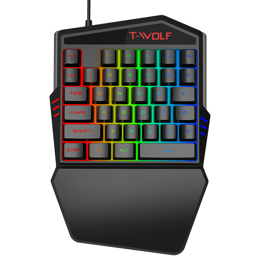 Проводная одноручная игровая клавиатура T-WOLF T17, 35 клавиш, цветная RGB-подсветка, для Android, Windows, iOS, USB 2.0, черный цвет, длина кабеля 1.5 м