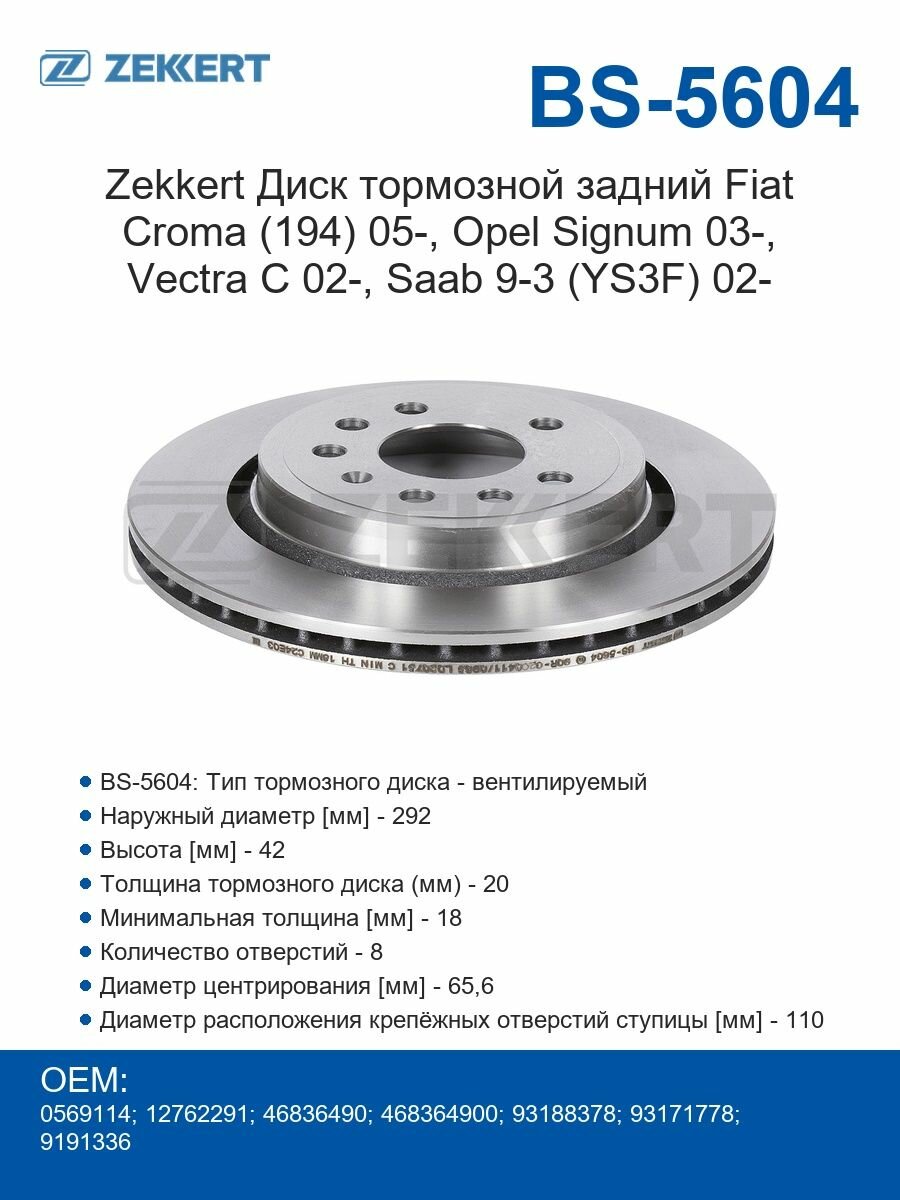 Zekkert Диск тормозной задний Fiat Croma (194) 05-, Opel Signum 03-, Vectra C 02-, Saab 9-3 (YS3F) 02-