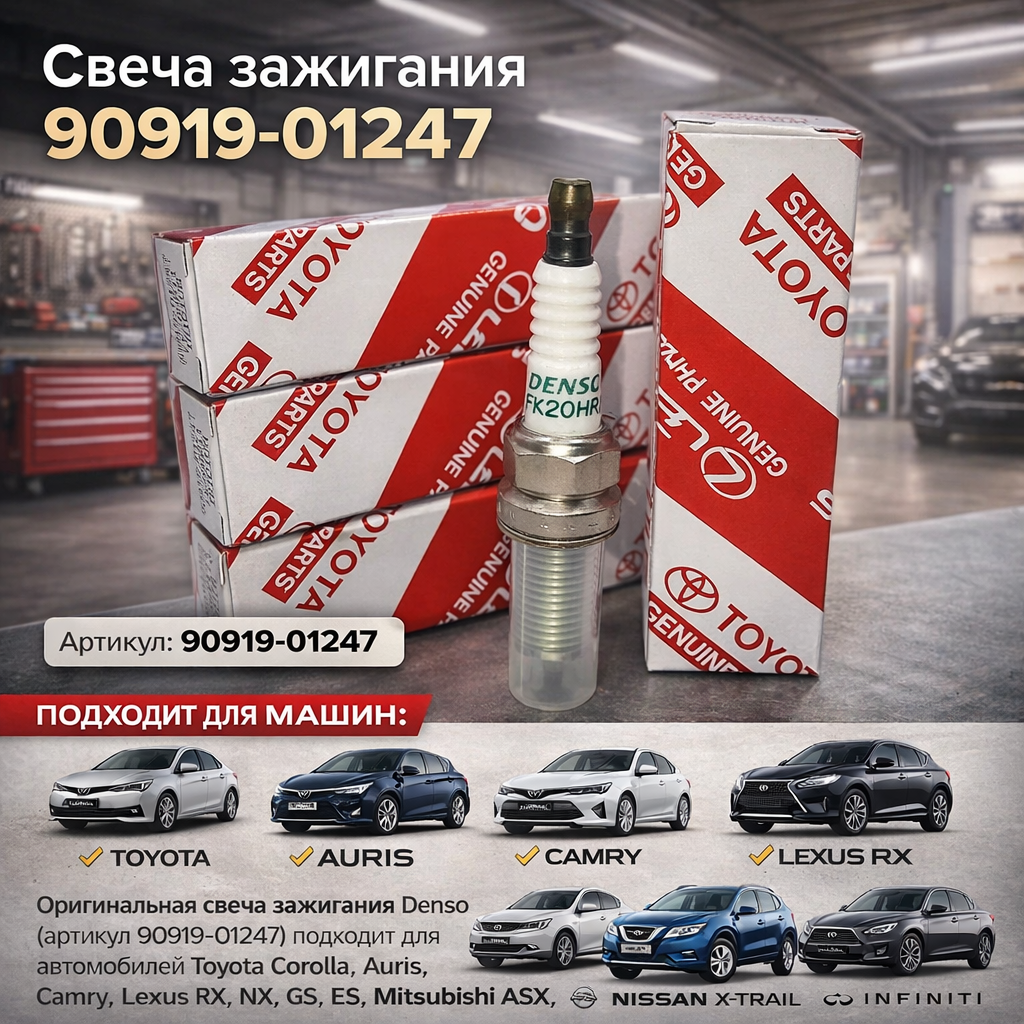 Свеча зажигания Toyota 9091901247 1 шт Подходит: Toyota Corolla, Camry, RAV4