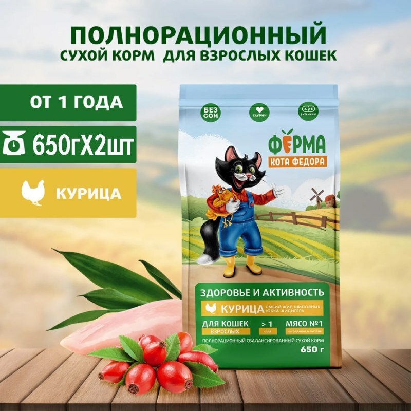 Сухой корм Ферма кота Федора Здоровье и активность для взрослых кошек с курицей, 2 шт х 650 гр