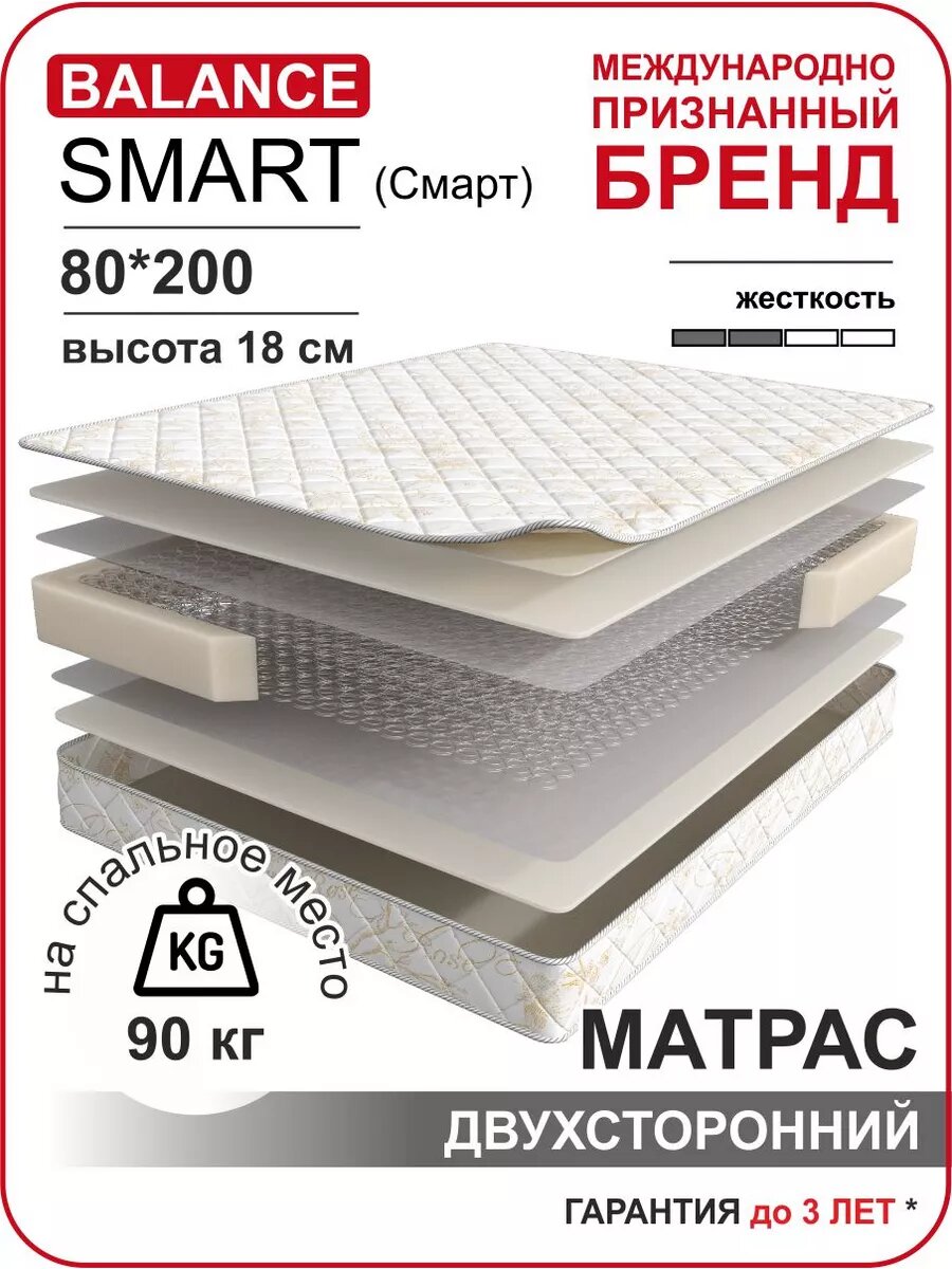 Матрас пружинный гипоаллергенный Balance Smart с блоком зависимых пружин 80х200 см