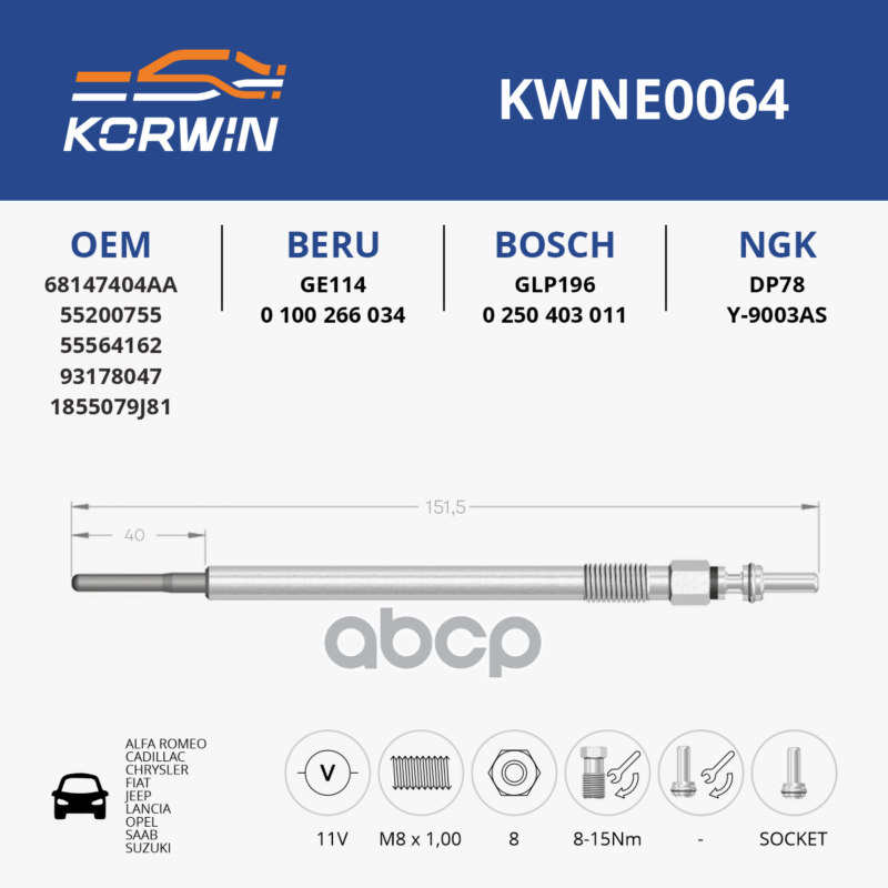 Свеча накаливания FIAT DUCATO (06-)/OPEL INSIGNIA (08-) пр. Турция KORWIN арт. KWNE0064