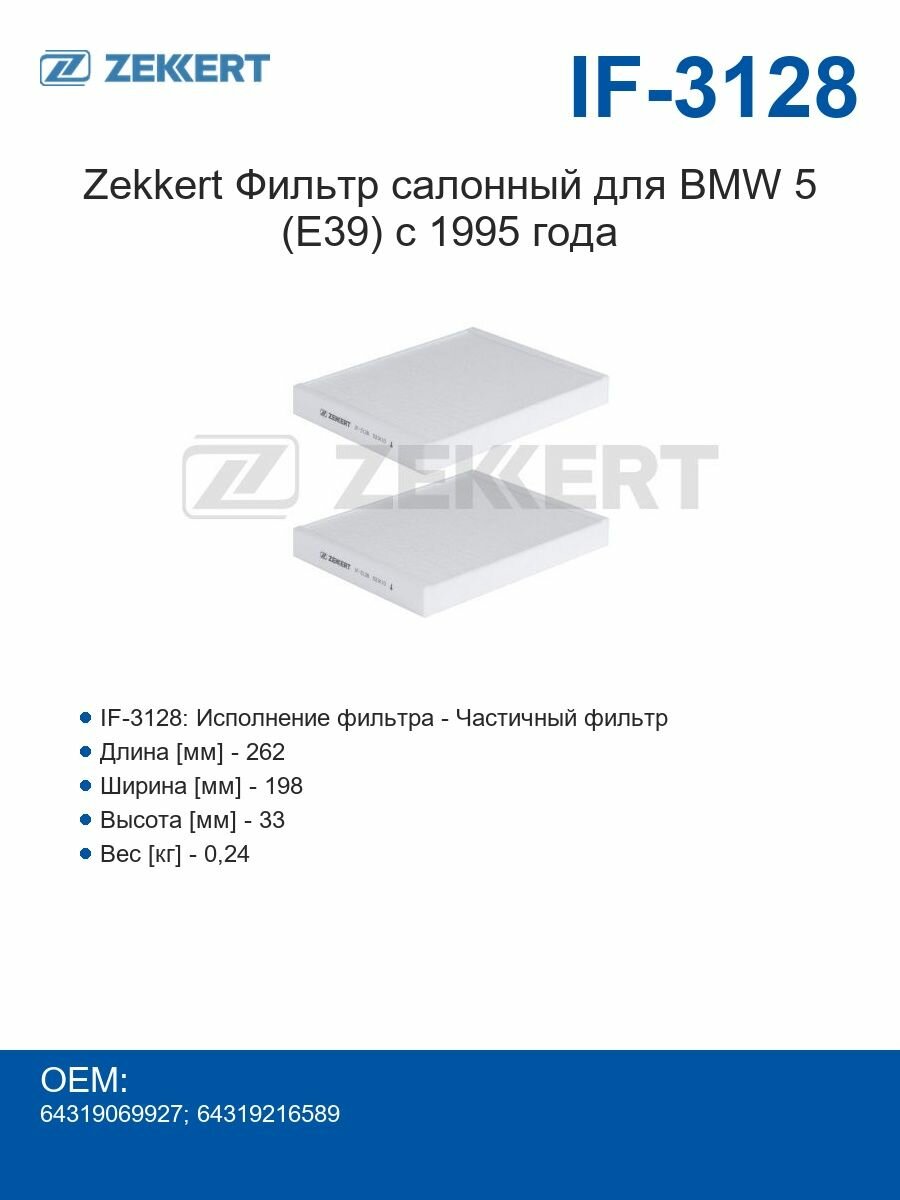 Zekkert Фильтр салонный для BMW 5 (E39) с 1995 года