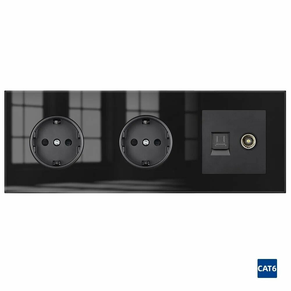 Розетка электрическая 3 поста 220В +Розетка ТВ-Компьютер RJ-45 CAT6 черный Стекло