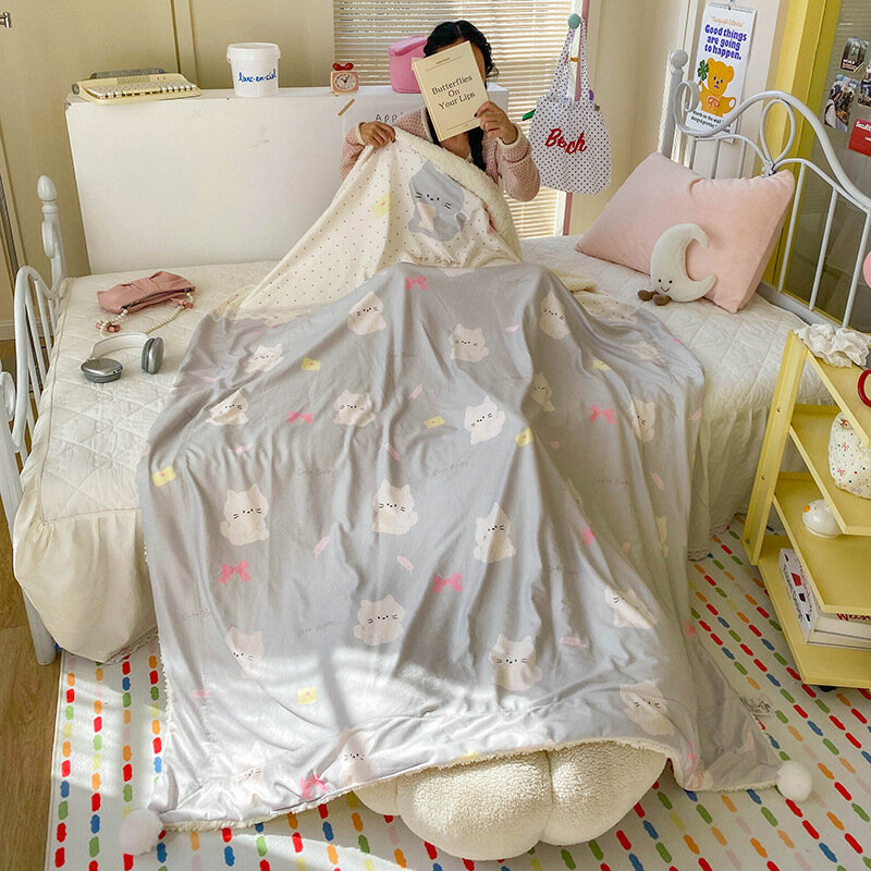 Мягкое одеяло из молочного флиса с рисунком кошки, пишущей письмо, 150x200 см, двустороннее, зимнее