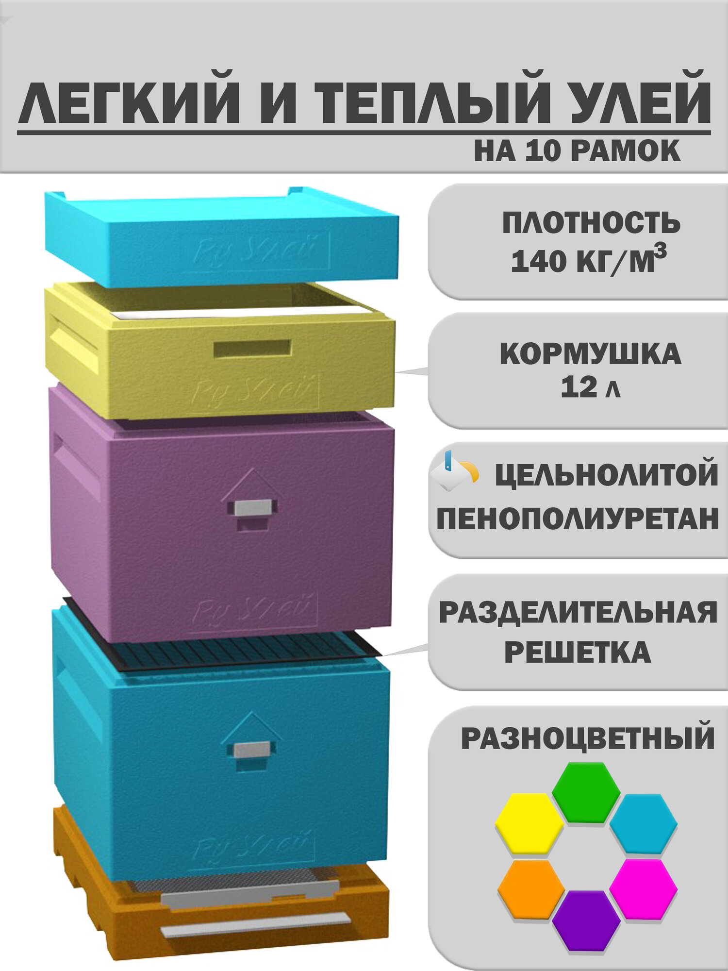 Улей для пчел ППУ(10 рам) комплект Дадан х2, кормушка, разделительная решетка