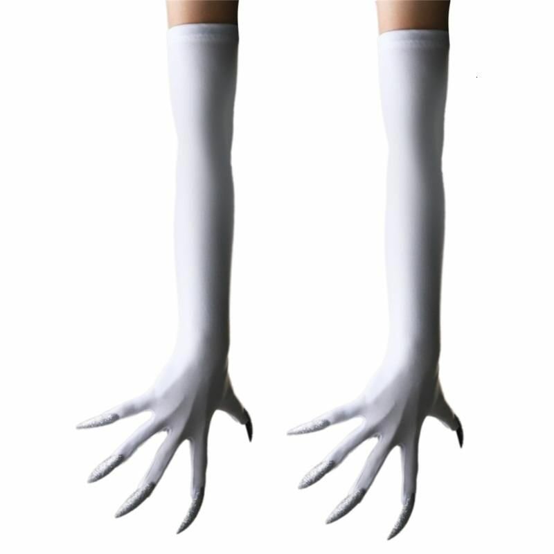 Длинные кожаные перчатки для панк-образа, Белый - Серебряные гвозди