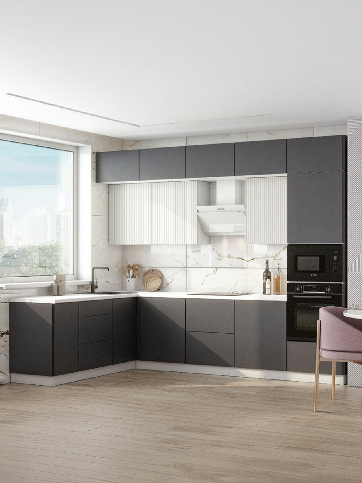 Кухонный гарнитур угловой Комби 3х1.8 м, мебель для дома и кухни, Белый / Бланж / Графит