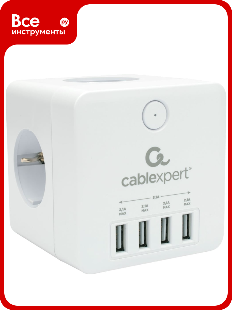 Сетевой фильтр Cablexpert cube, 4р, 16а, 4хusb, ур. защиты 2+, белый, коробка, CUBE-4-U4-W