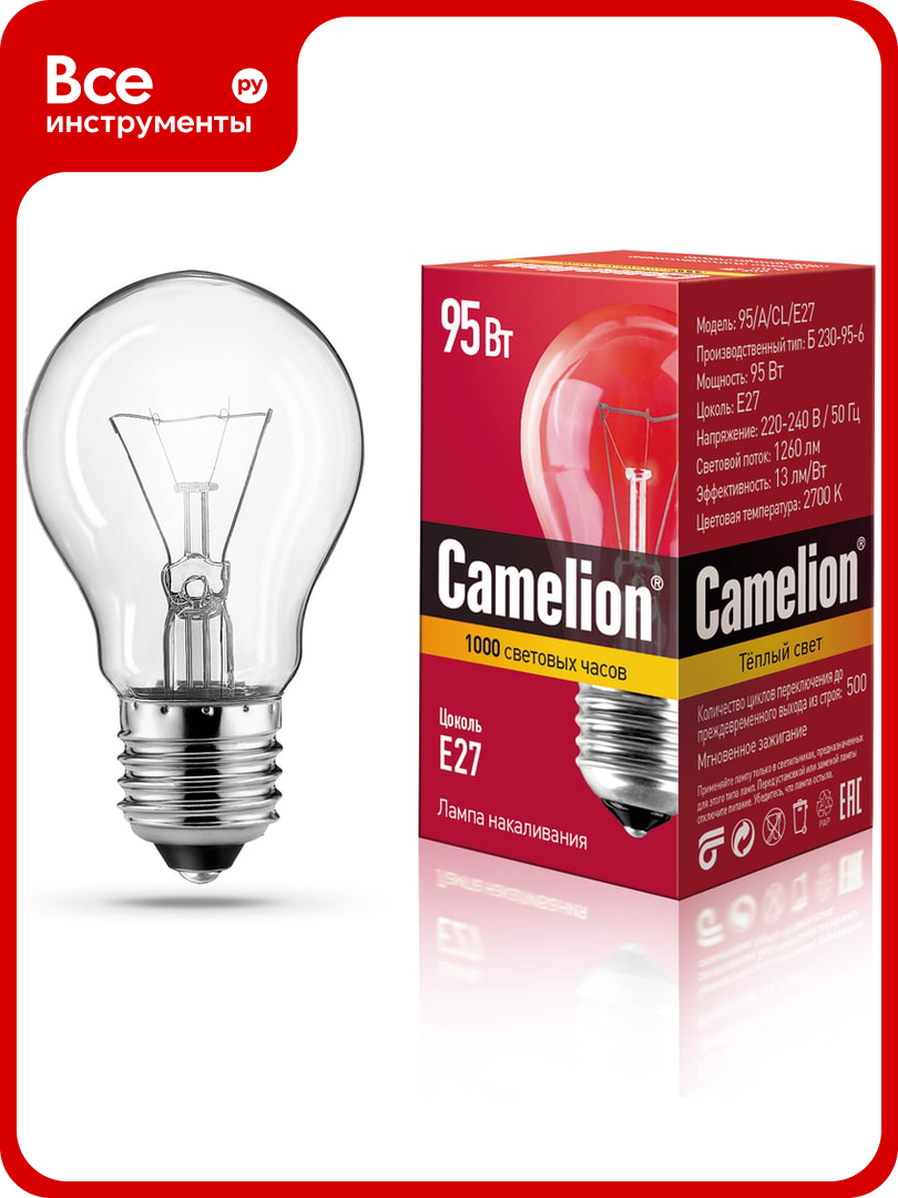 Электрическая лампа накаливания с прозрачной колбой Camelion 95/A/CL/E27, 10279