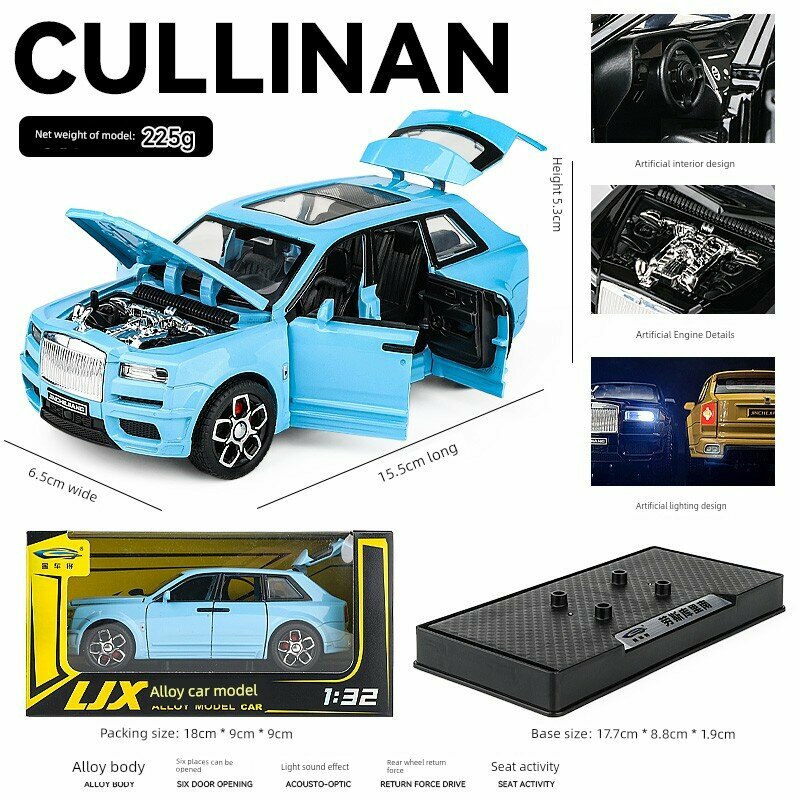 Модель Rolls-Royce Cullinan 1:32, синяя, в коробке с подставкой для внедорожника