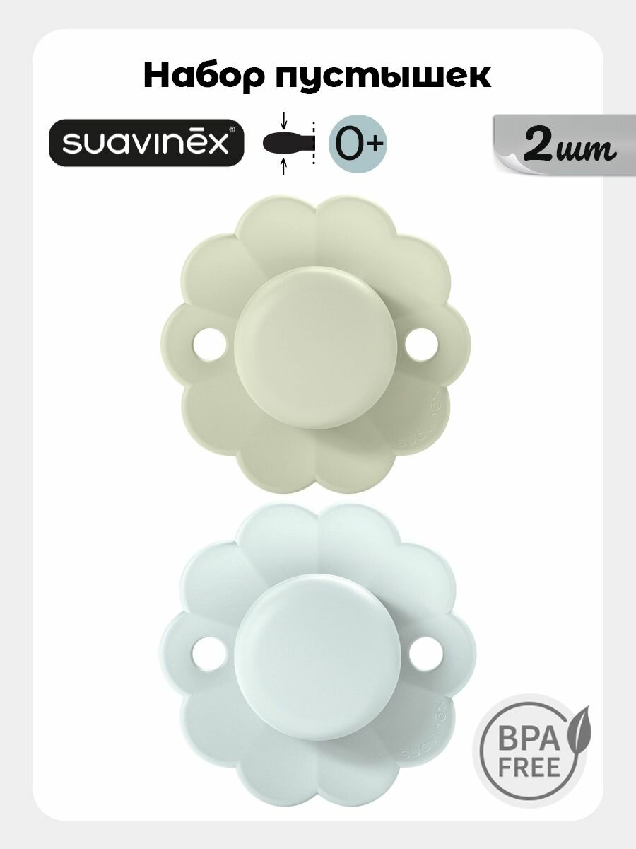 Suavinex Набор пустышек 2 шт Wonder для новорожденных 0-6 месяцев, симметричная соска SX Pro, голубой, зеленый