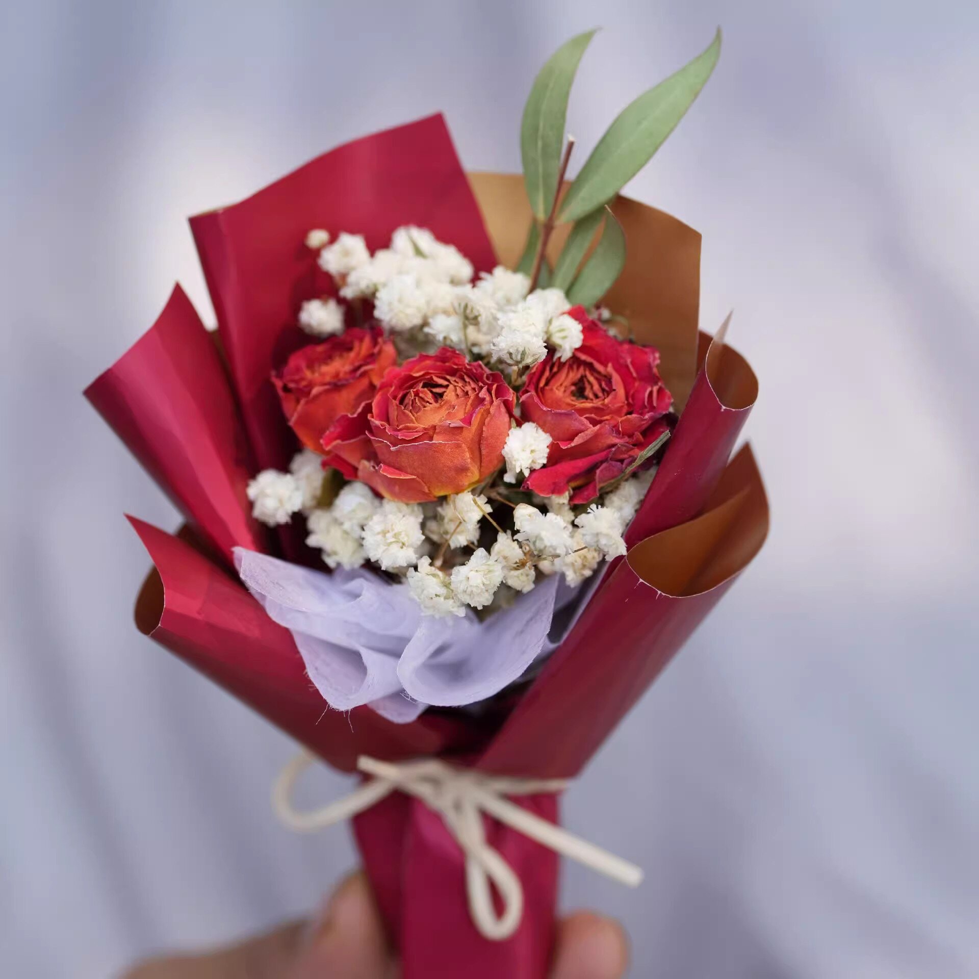 Мини букет из сухоцветов 13 см (розы, гипсофила) милый презент