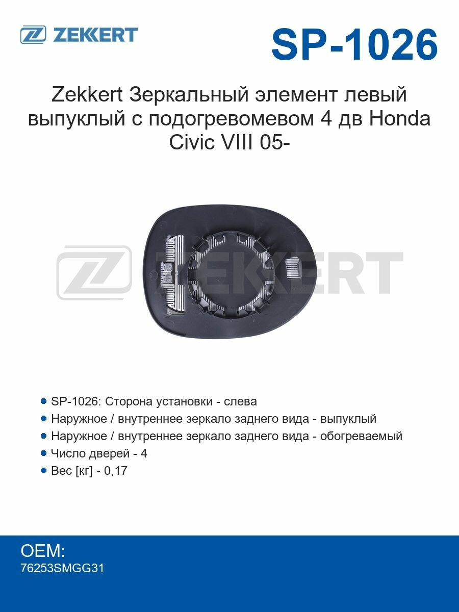 Zekkert Зеркальный элемент левый выпуклый с подогревом 4 дв Honda Civic VIII 05-