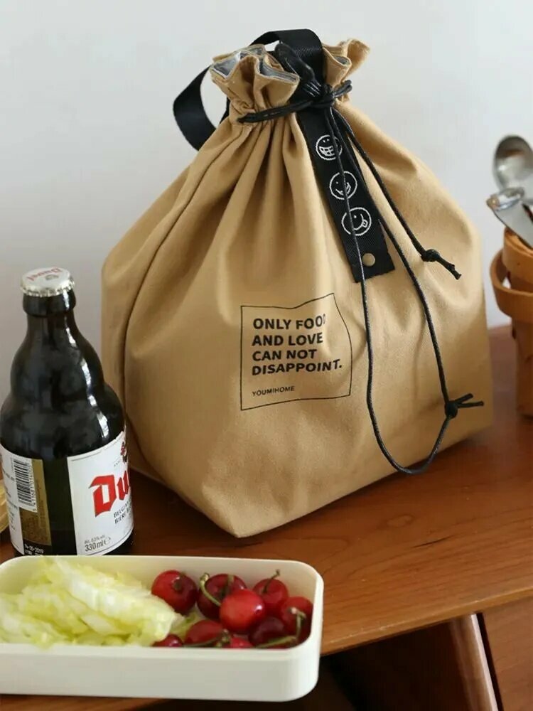 Новинка! Японская термосумка-мешок с кулиской, холщовая эко-упаковка для ланч-бокса, пикник стиль минимализм