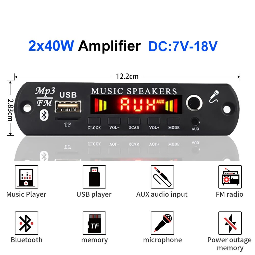 Усилитель Bluetooth MP3 2x40W 7V-18V