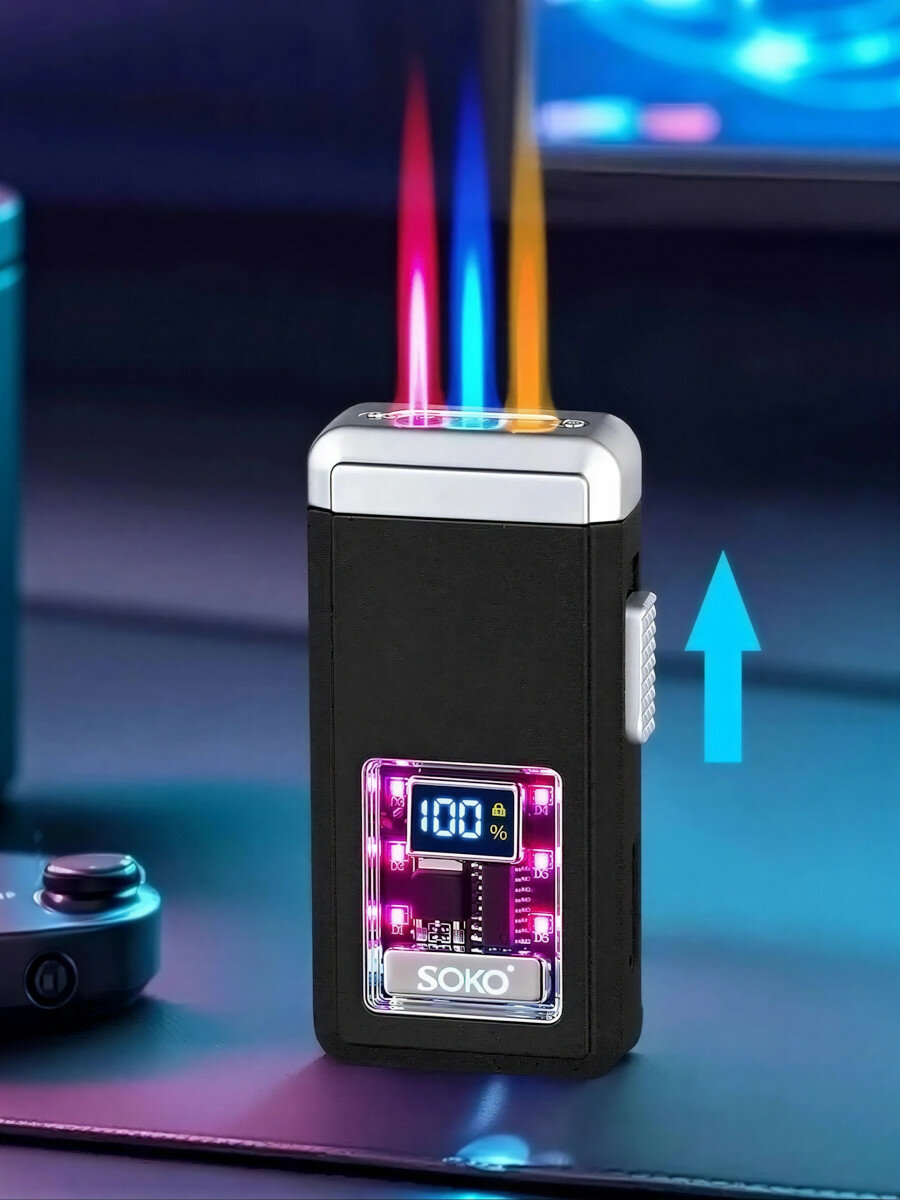 Турбозажигалка с тройным цветным пламенем (встряхните её!), матово-черная