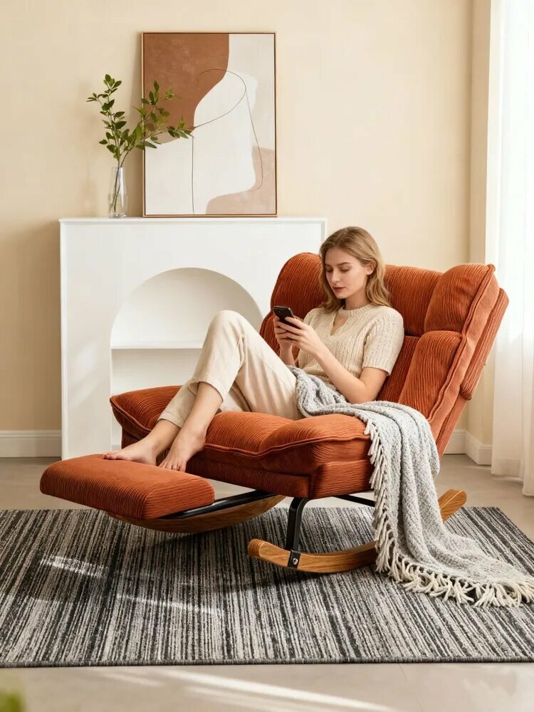 Кресло-качалка широкое, 62х81х84 см, с выдвижной подставкой для ног и регулируемой спинкой, оранжевый