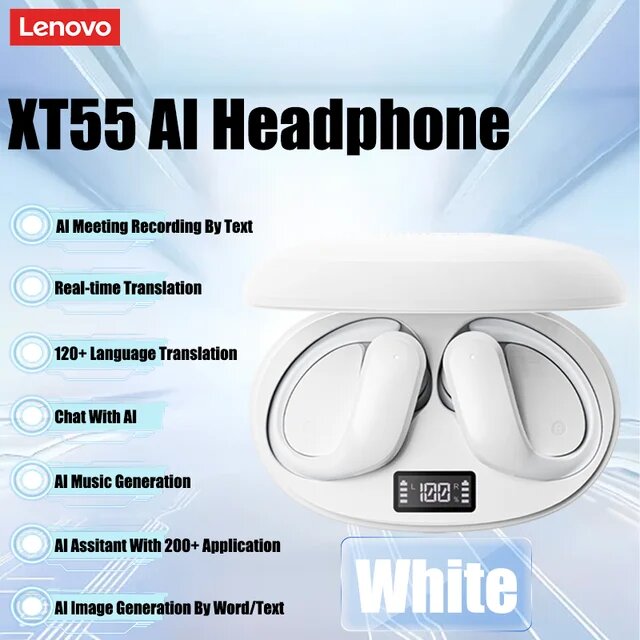 Оригинальные беспроводные наушники Lenovo XT55 AI Bluetooth V5.4, наушники для записи видеоконференций с использованием ИИ, функция перевода между экранами, чат с ИИ.