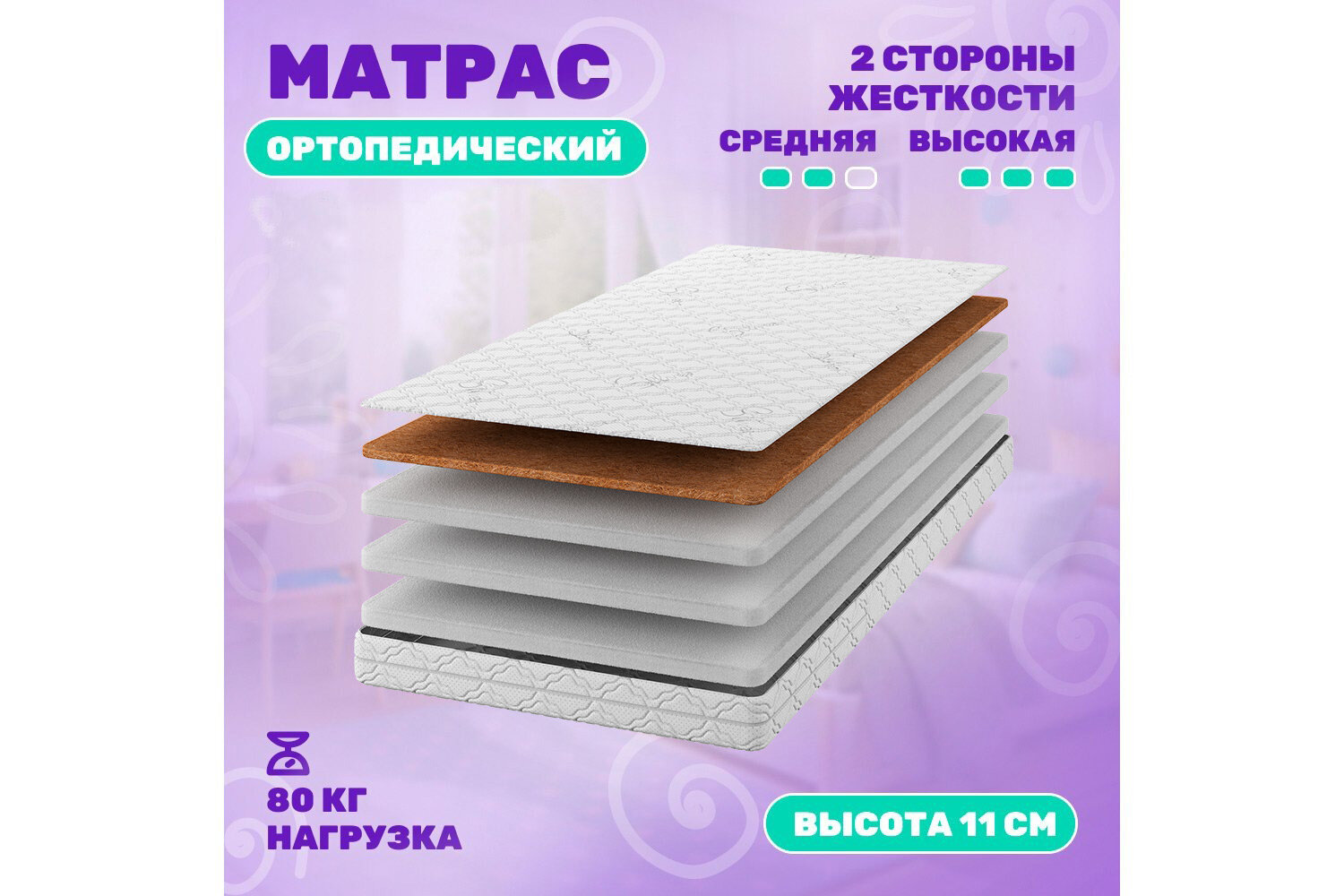 Матрас Hoff Strutto-cocos, 90х200 см, беспружинный, двусторонний, высокая/средняя жесткость — фото 1