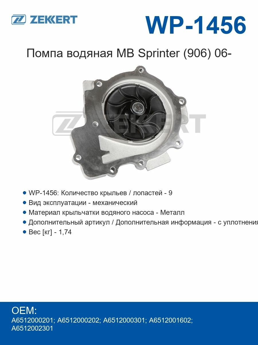 Zekkert Помпа водяная MB Sprinter (906) с 2006 года