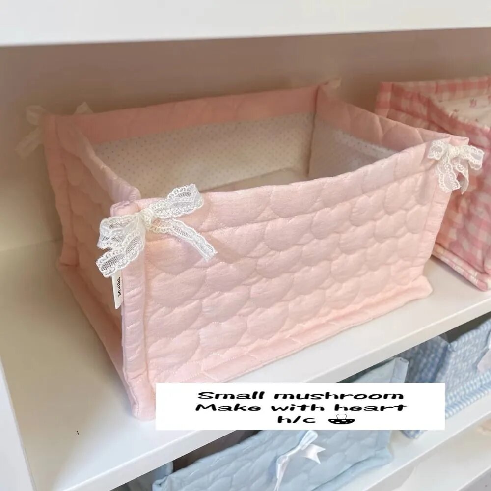 Корзина для хранения розовая, хлопковая, 30x15x15 см, для детских вещей, с бантом, квадратная