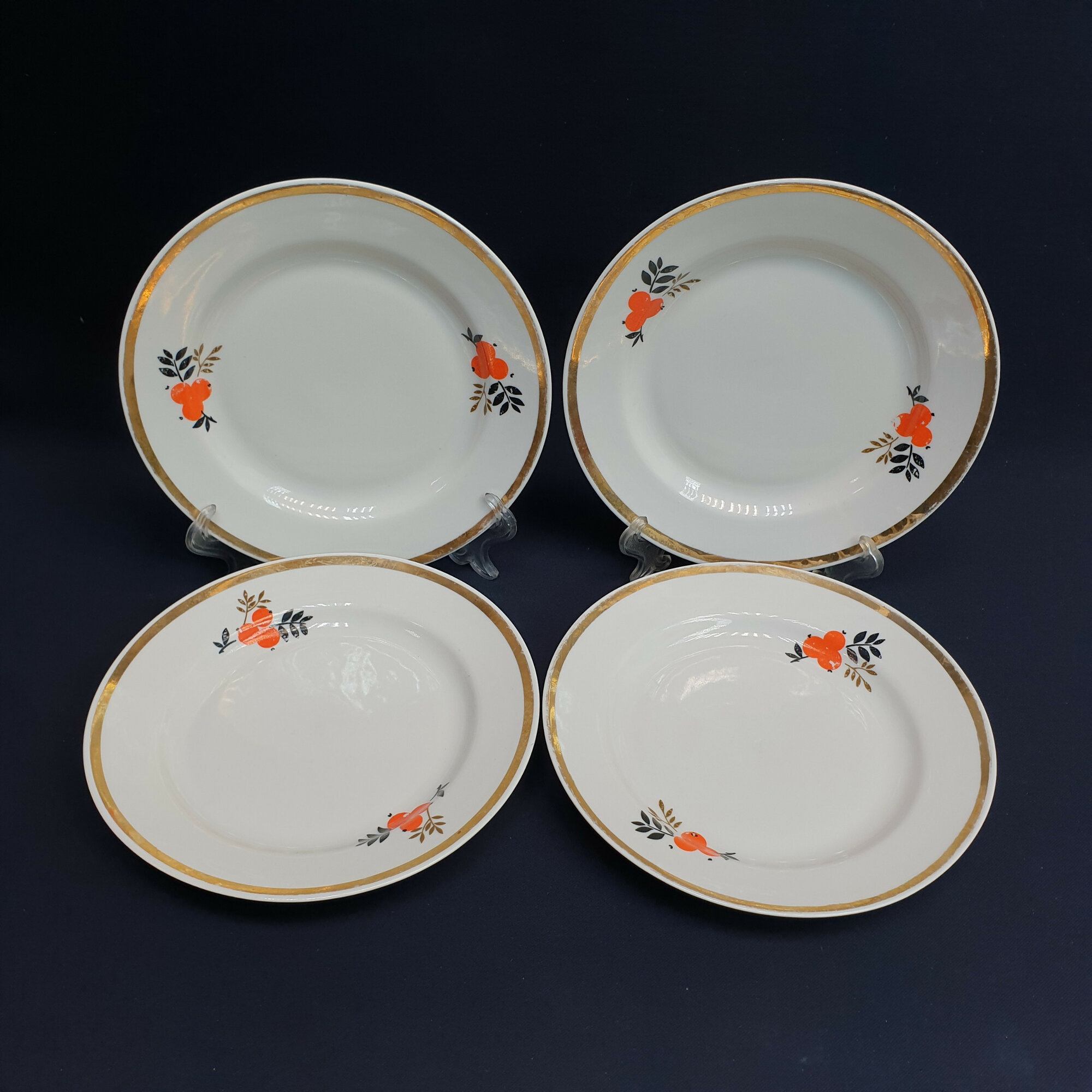 Набор десертных тарелок 4 шт Дулево, фарфор, деколь, позолота. Винтаж СССР