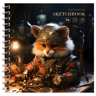 Скетчбук 40л, 170*170 BG "Steampunk. Fox", на гребне, глянцевая ламинация, фольга, 120г/м2