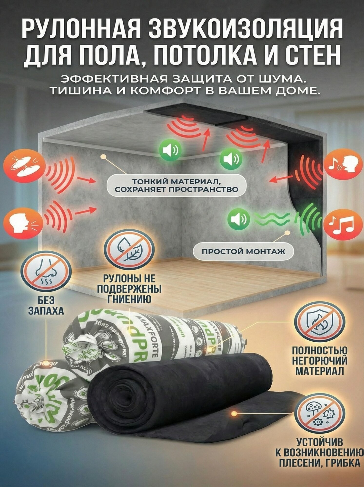 Звукоизоляция для стен и потолка МаксФорте SoundPRO. 1,4х5м;12мм (7м2)