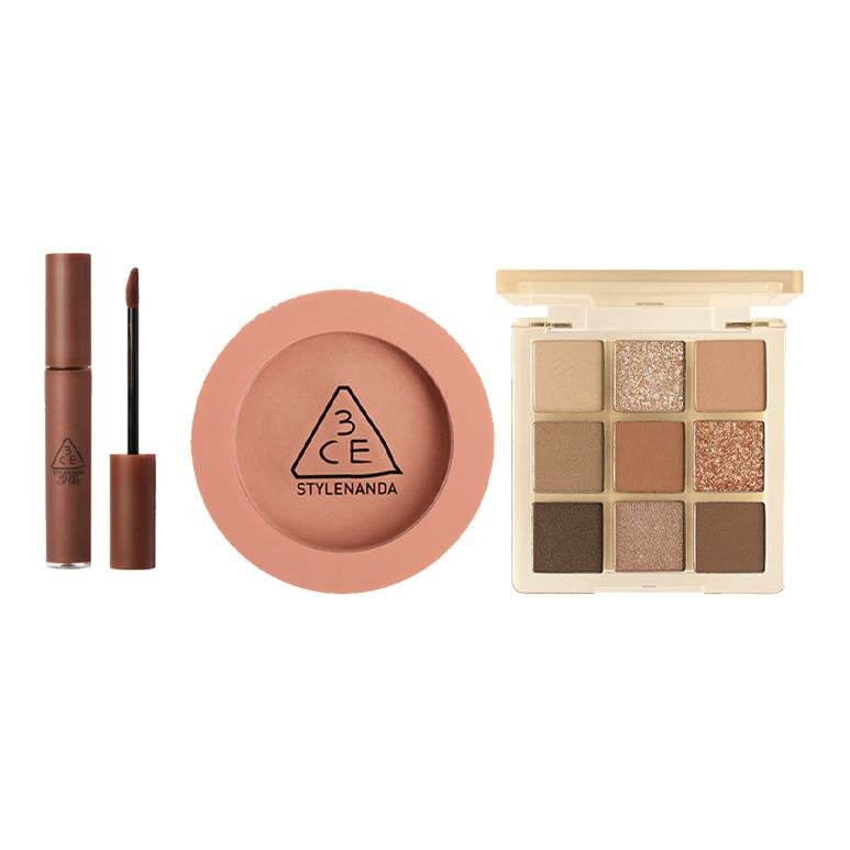 Женский набор 3CE: помада, палетка теней, румяна бархатистая натуральная матовая, 5751340